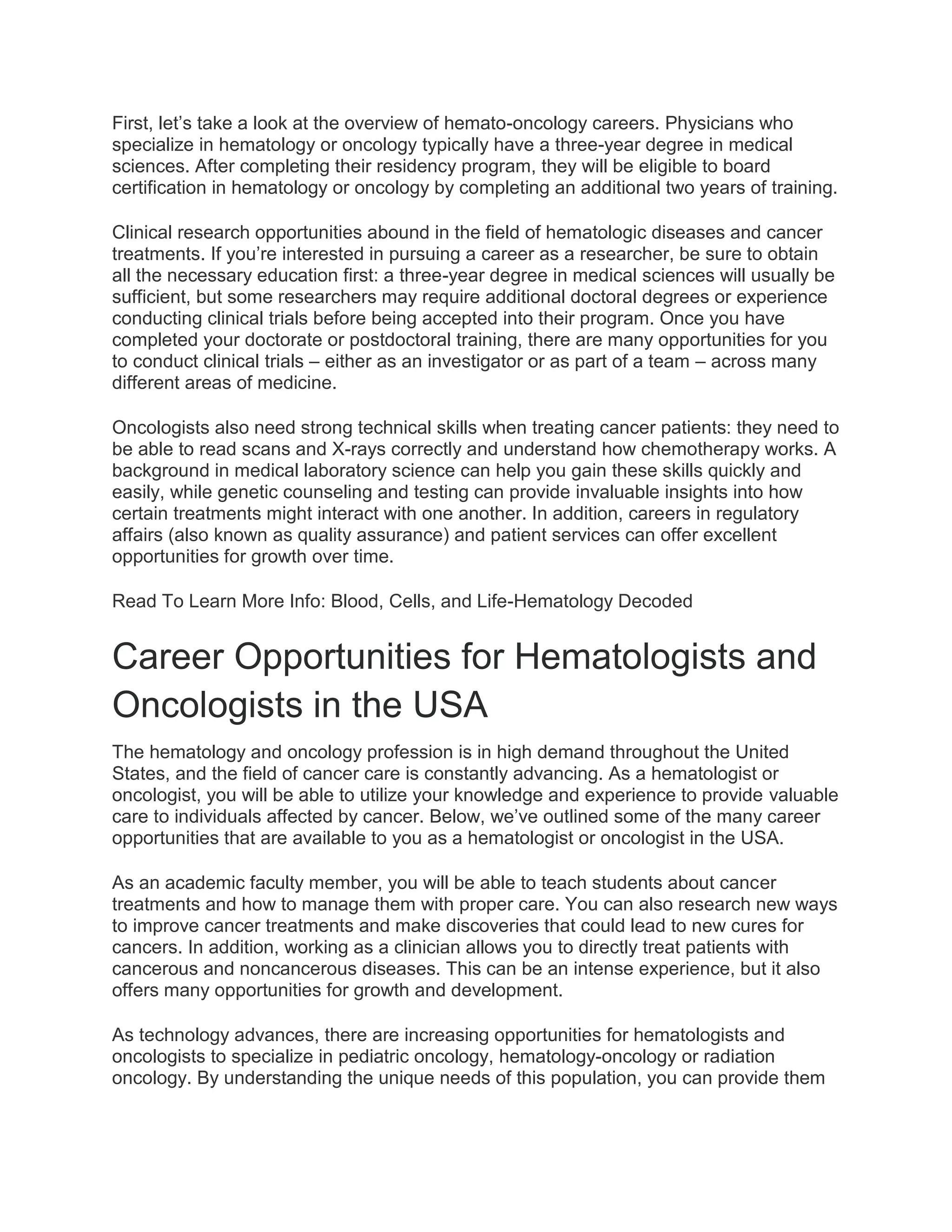 Careers in Hematology and Oncology | PDF