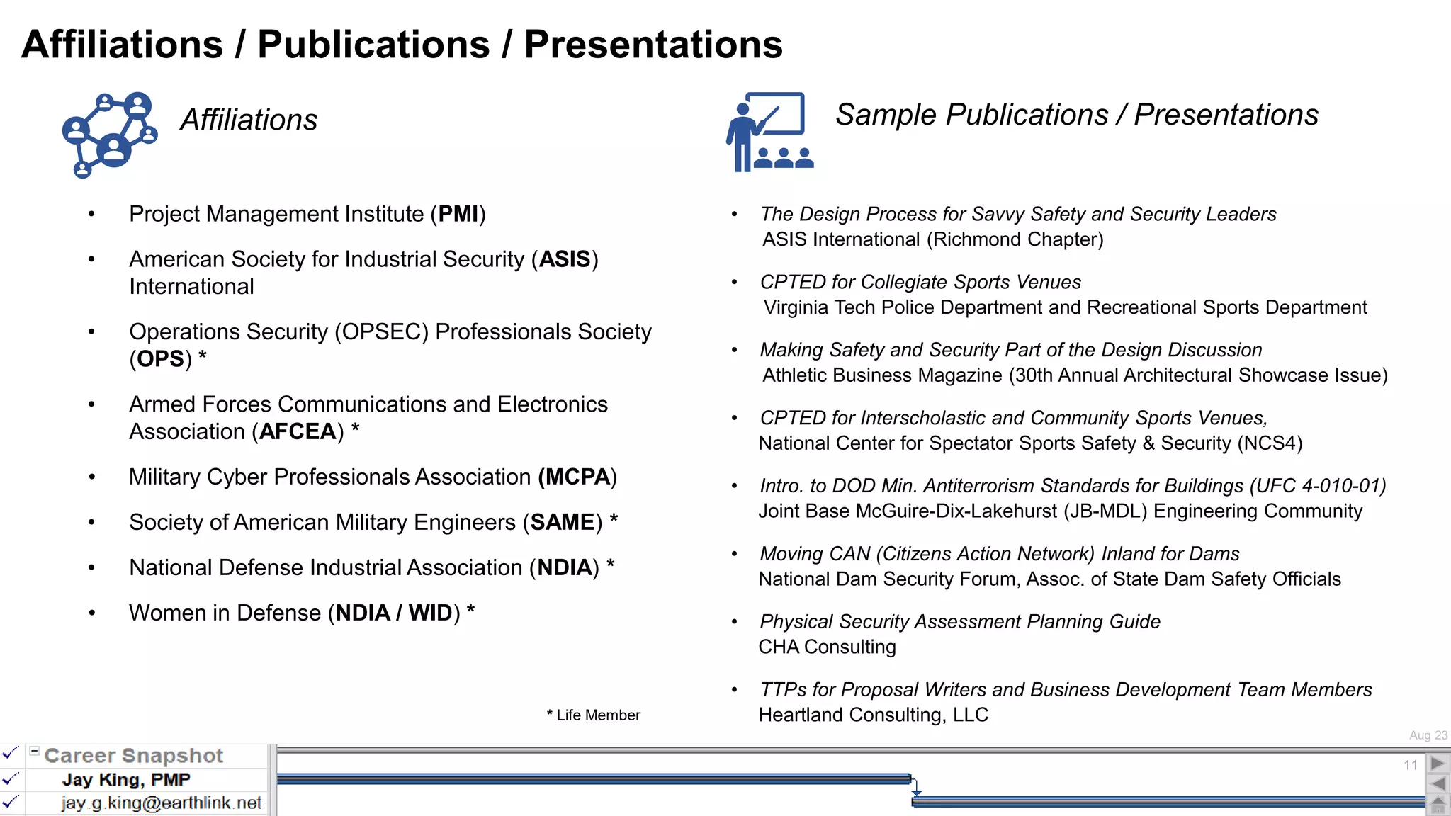 Career Snapshot - Jay King, PMP, CPP, PSP | PDF