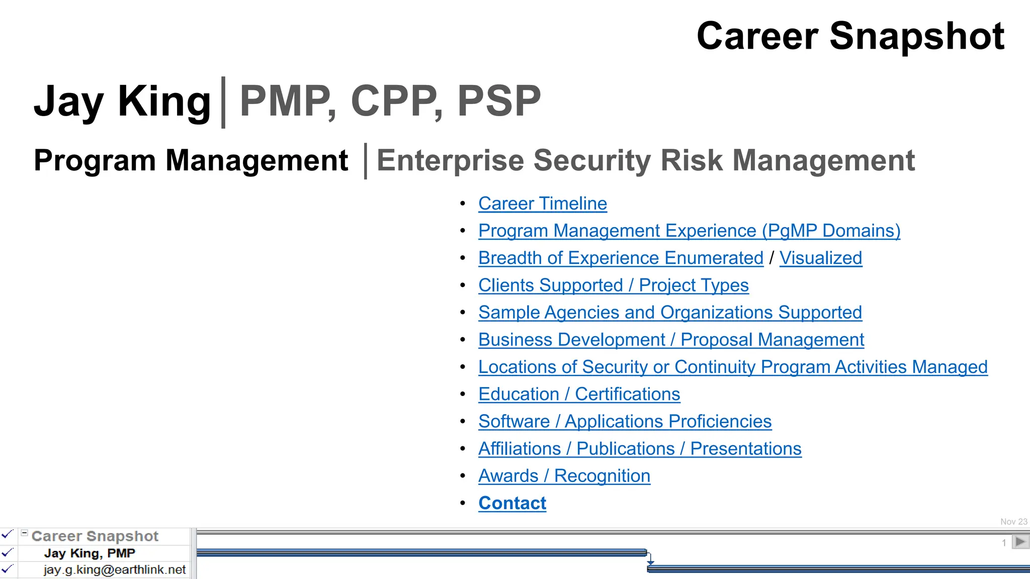 Career Snapshot - Jay King, PMP, CPP, PSP | PDF
