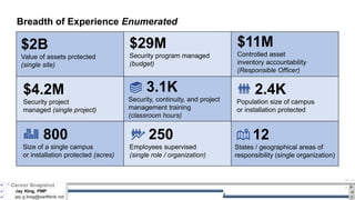 Career Snapshot - Jay King, PMP, CPP, PSP | PDF