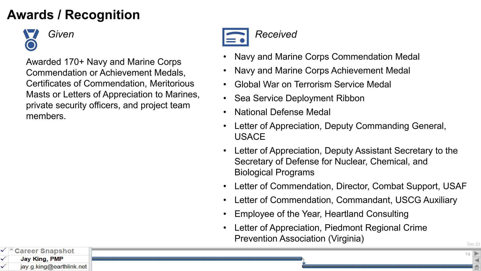 Career Snapshot - Jay King, PMP, CPP, PSP | PPT