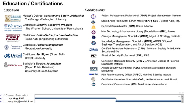 Career Snapshot - Jay King, PMP, CPP, PSP | PPT