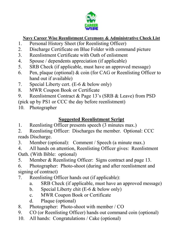 Careerwise reenlistment CEREMONY checklist | DOCX | Resume Writing and ...