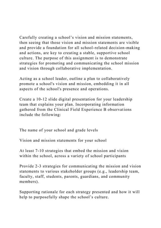 Carefully creating a school’s vision and mission statements, the.docx ...
