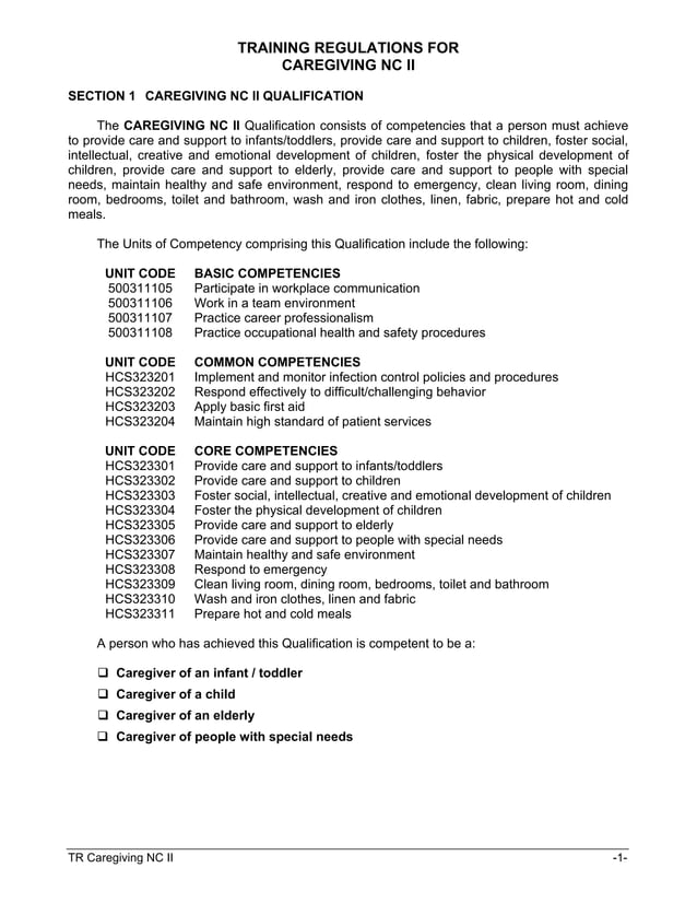 Caregiving NC II Training Regulations for TESDA Trainer | PDF ...