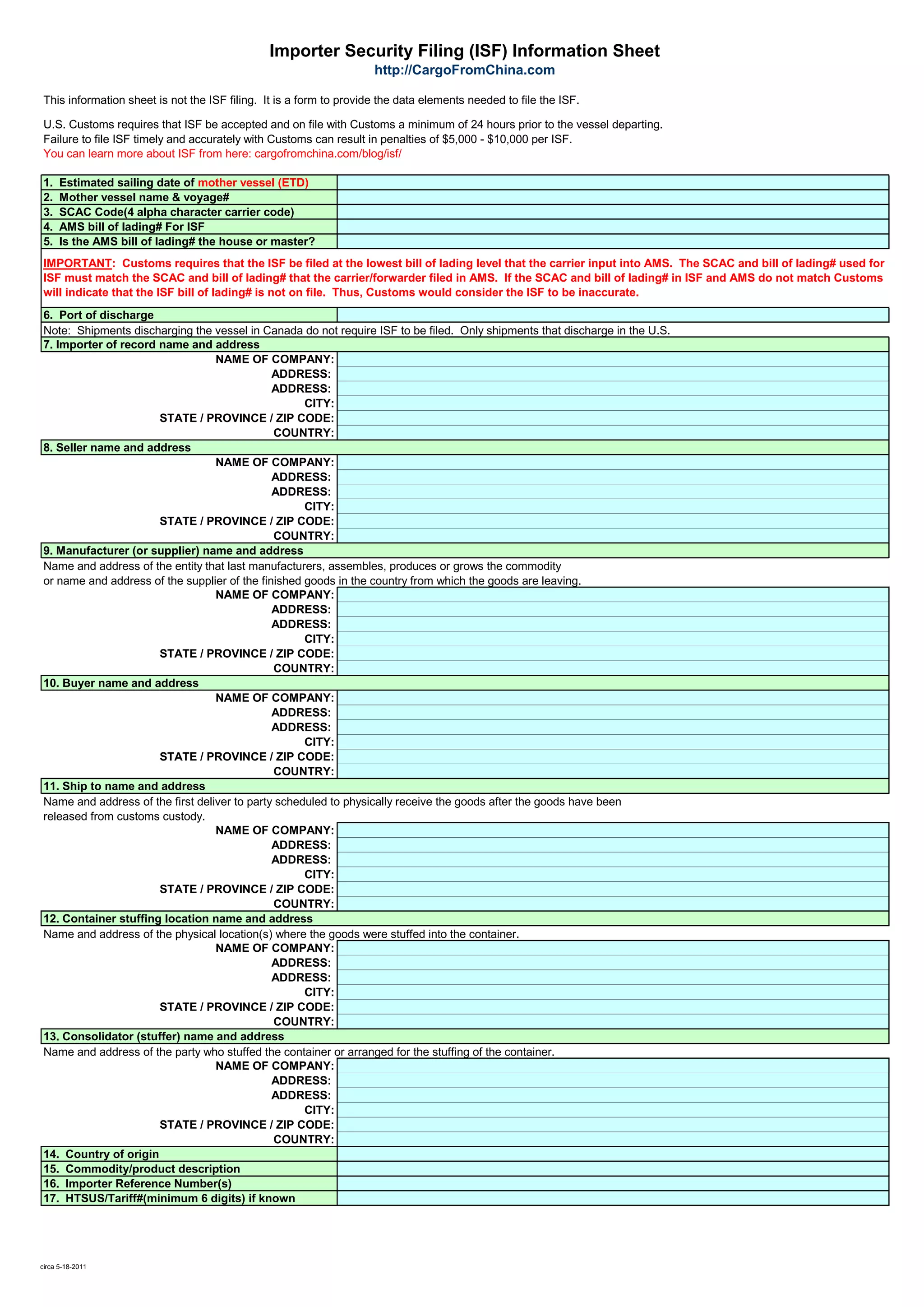 ISF 10+2 blank form sample for easy reference | PDF