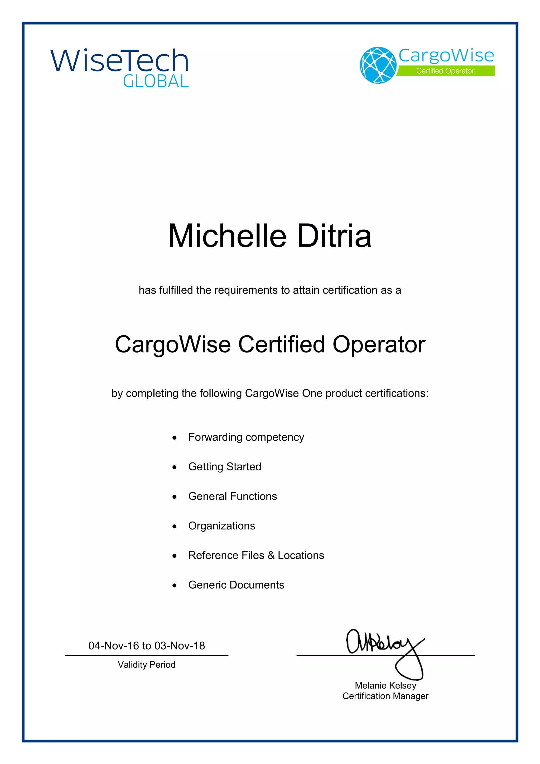 Cargowise certified operator certificate Michelle Ditria | PDF