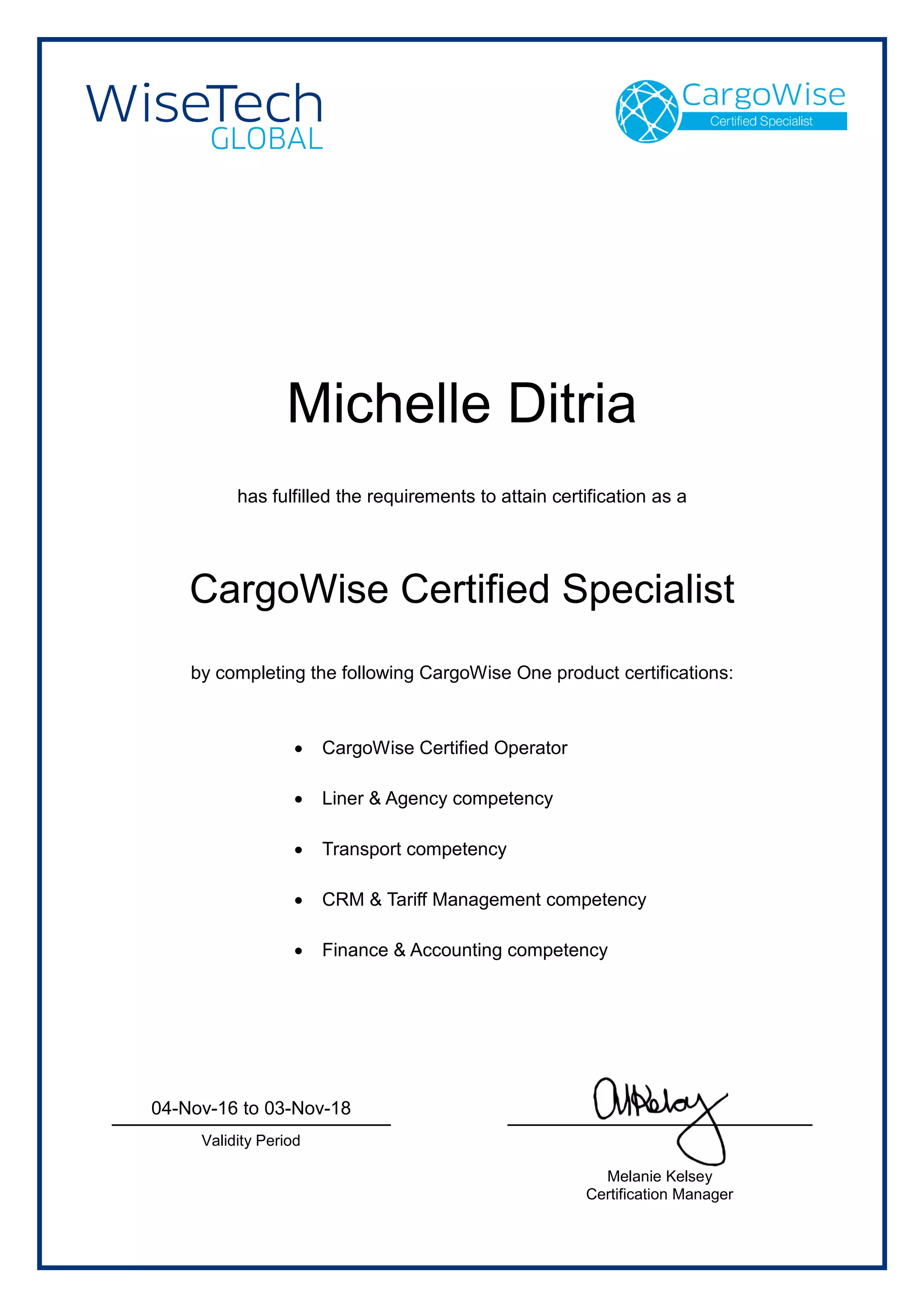 Cargowise certified specialist certificate Michelle Ditria | PDF