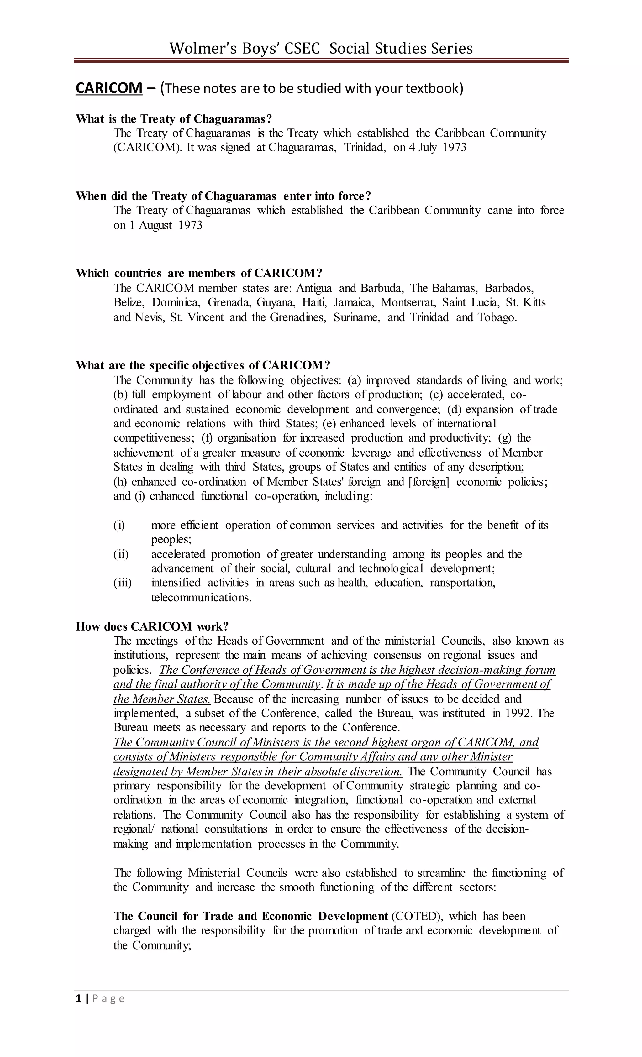 Caricom notes regional integration | DOCX