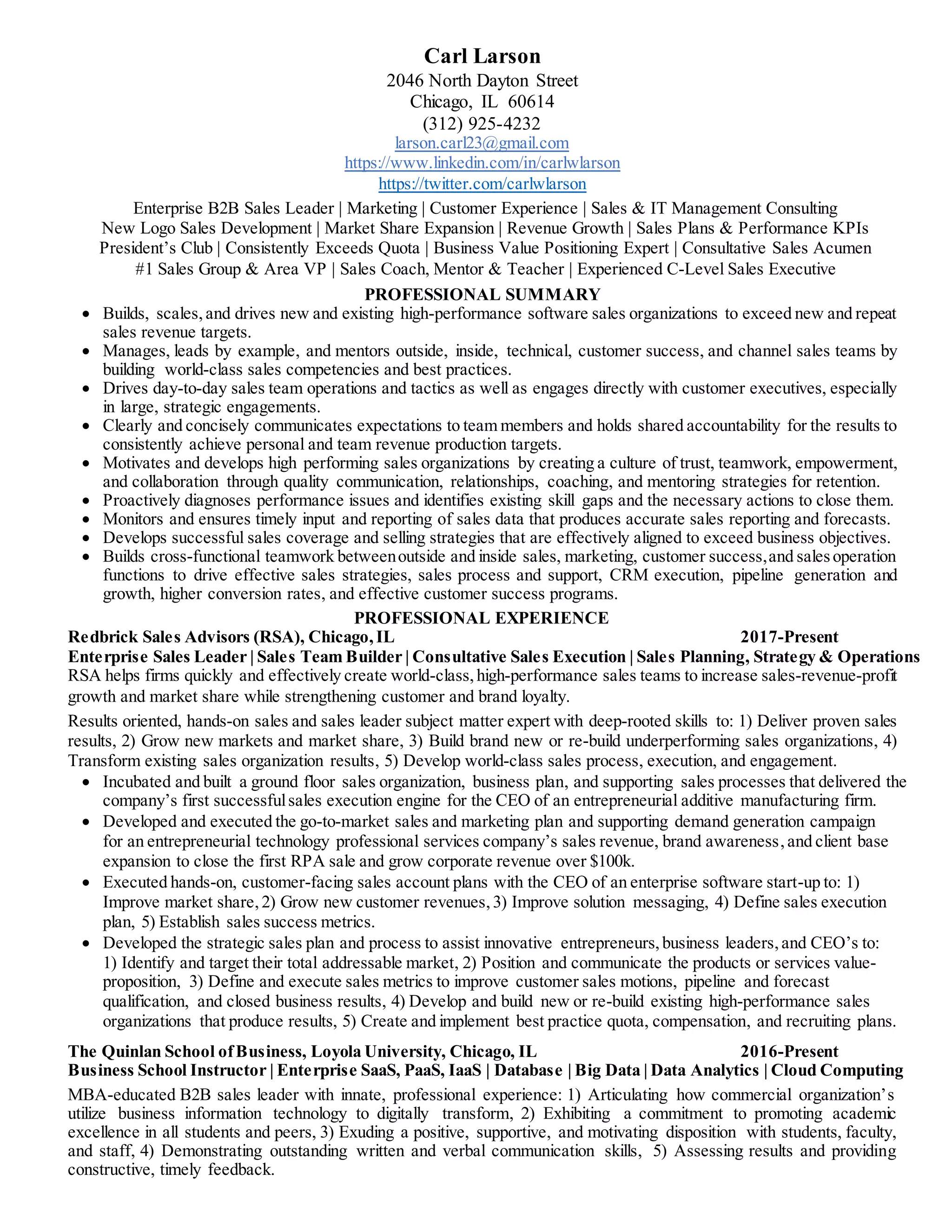 Carl Larson Resume v2 ENTERPRISE SOFTWARE AND SERVICES SALES LEADER ...