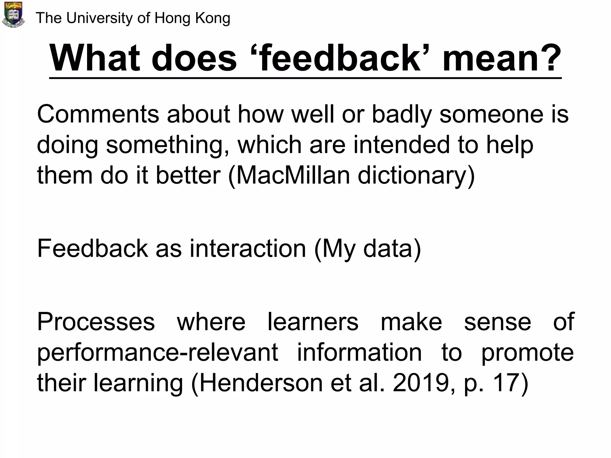 Teacher feedback literacy & feedback designs for student learning | PPT