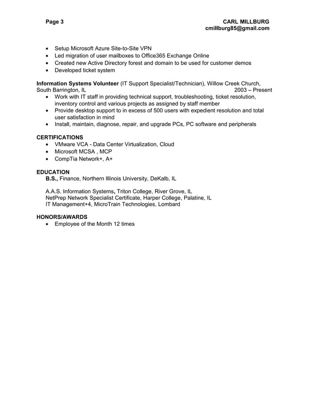 Carl Millburg resume | DOC | IT and Internet Support | Internet