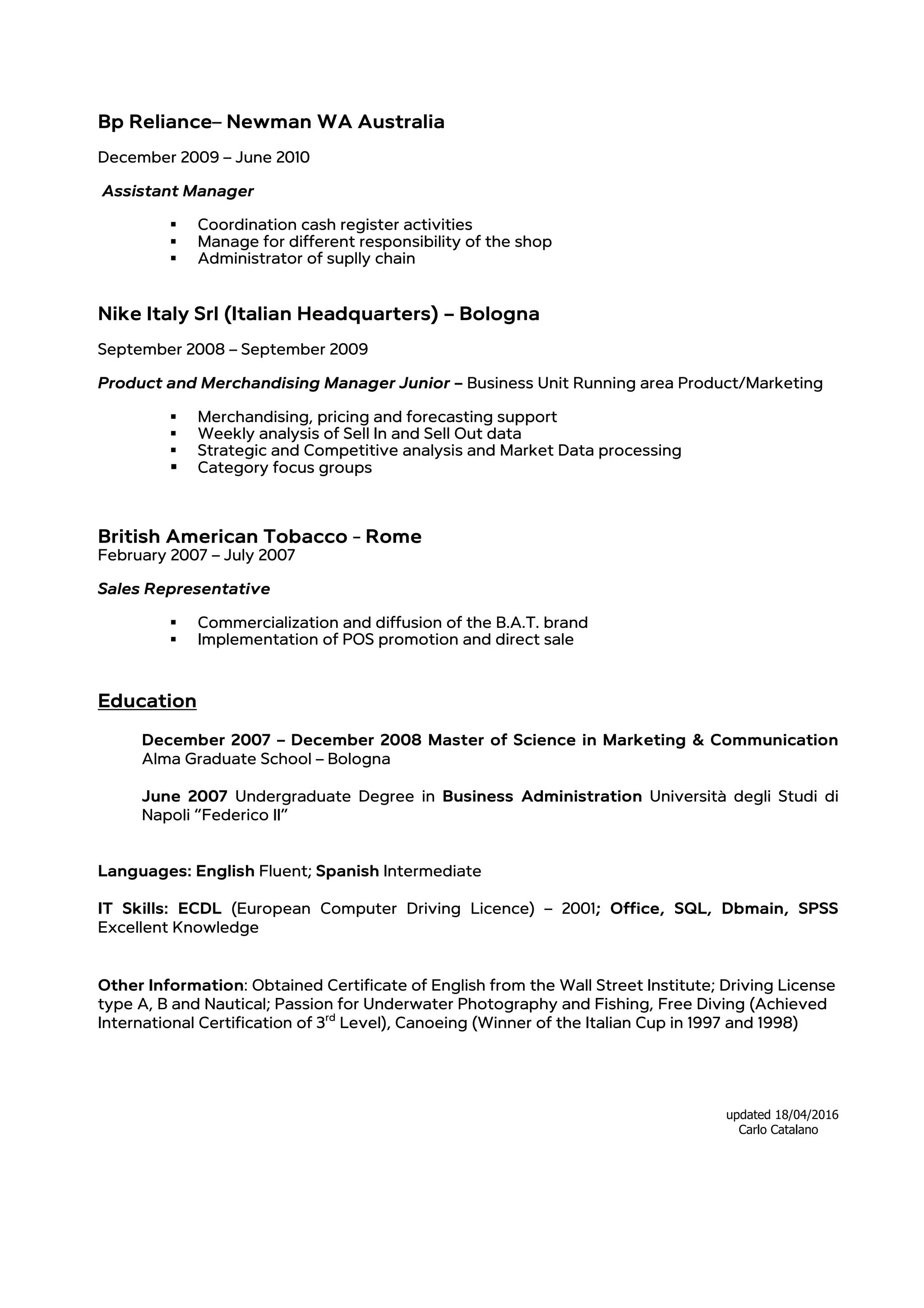 Carlo catalano 18 04-2016 cv | PDF | Business Administration | Business