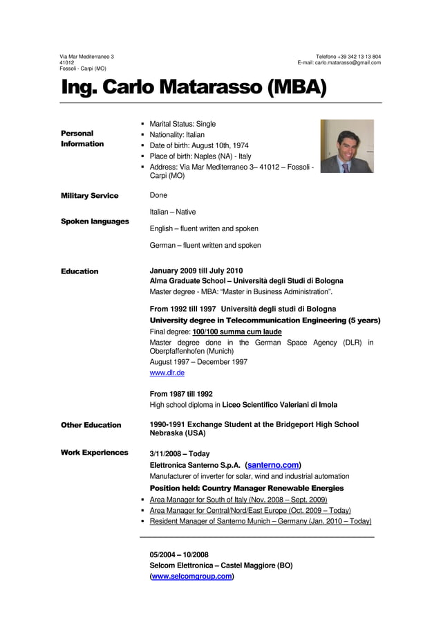 Carlo Matarasso Mba Cv Jan 11 Eng | PDF