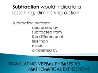 Translating Verbal Phrases to Algebraic Expression | PPTX