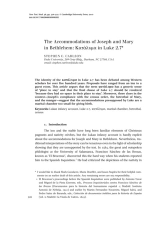 The Accommodations of Joseph and Mary in Bethlehem: Κατάλυμα in Luke 2. ...