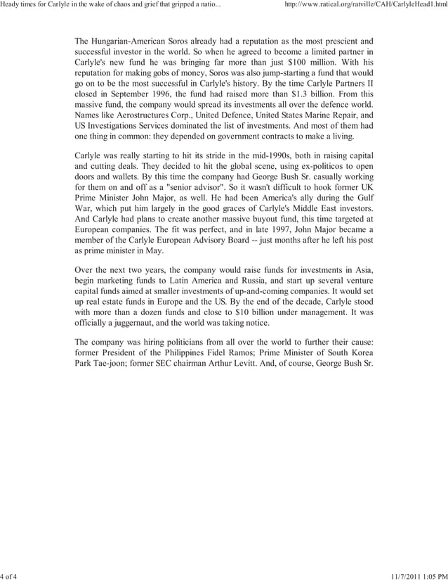 Heady Times For Carlyle (Dan Briody Article) - Bush & Bin Laden Ties | PDF