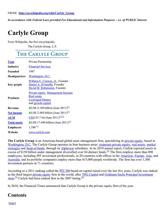 CARLYLE GROUP (wikipedia) | PDF | Private Equity | Business Banking ...