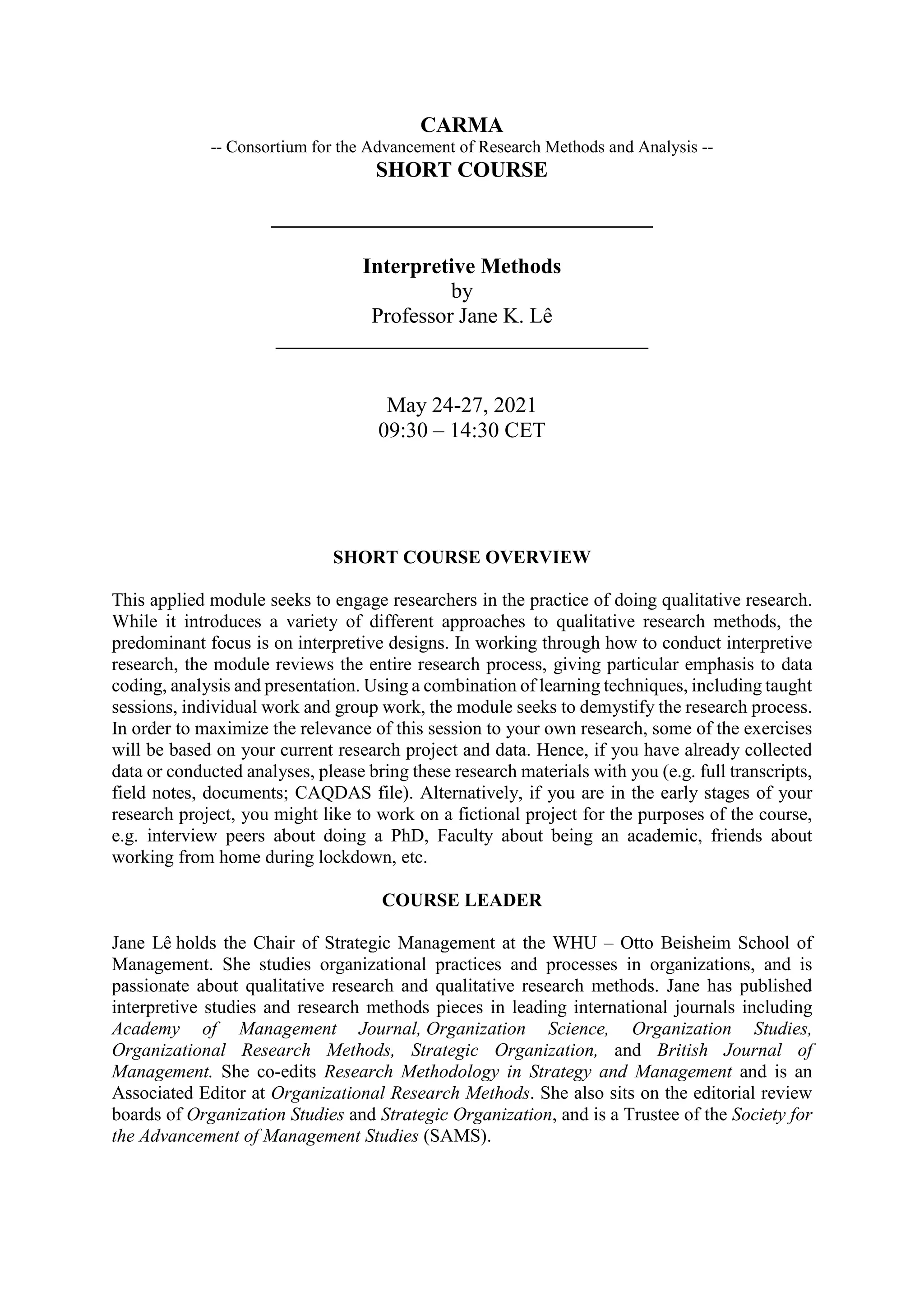 Carma short course outline | PDF