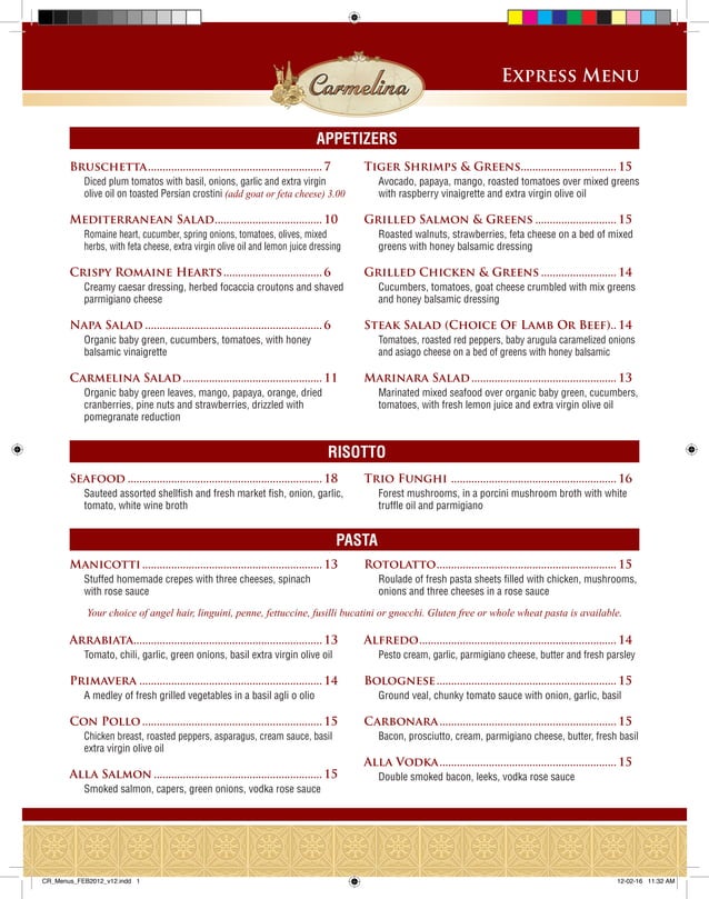 Carmelina restaurant express menu | PDF | Cooking | Food & Drink