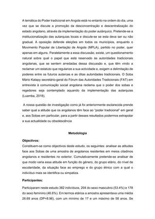 Carochinho, j. a. (2019) O poder tradicional em Angola atitudes dos ...