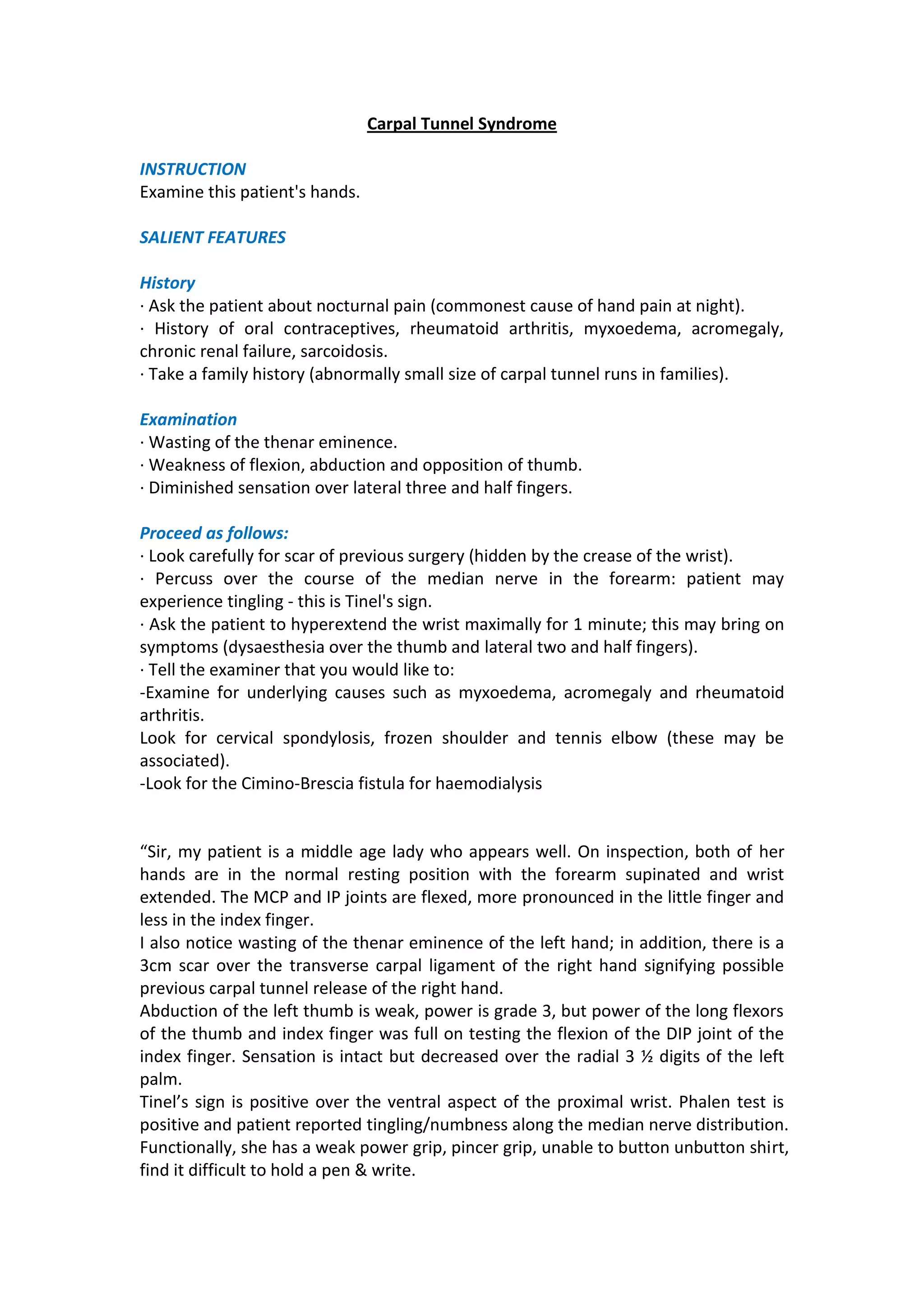 Carpal tunnel syndrome- short case | DOCX