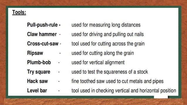 CARPENTRY LESSON industrial arts one pptx | PPTX | Woodworking | Arts ...
