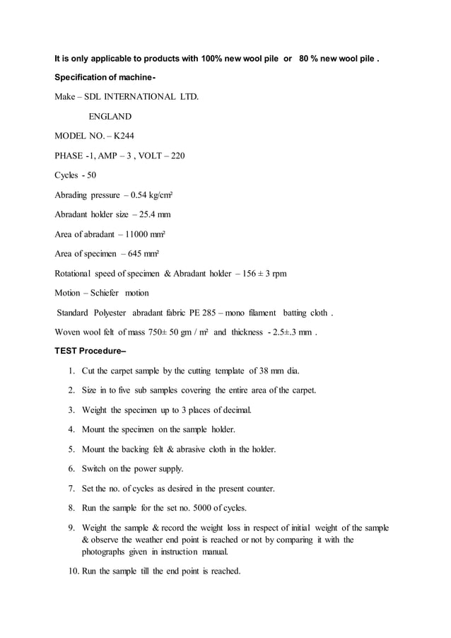 Carpet wear and abrasion test wira | DOCX