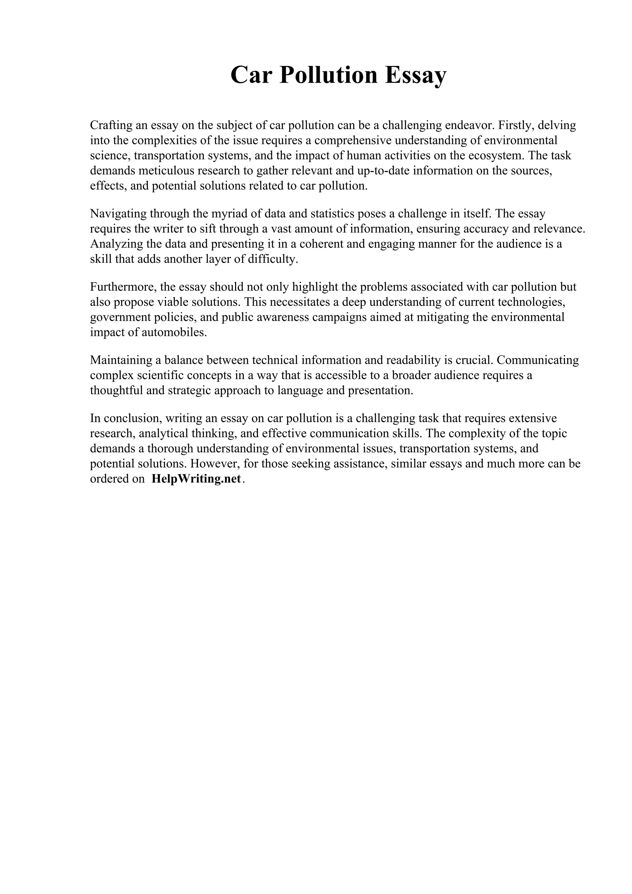 Car Pollution Essay. Wayne State College | PDF