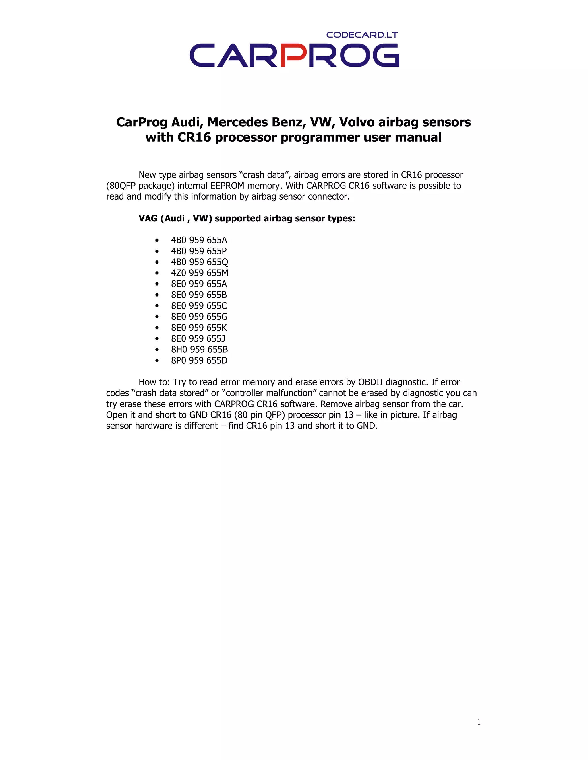 Carprog cr16 airbag manual | PDF