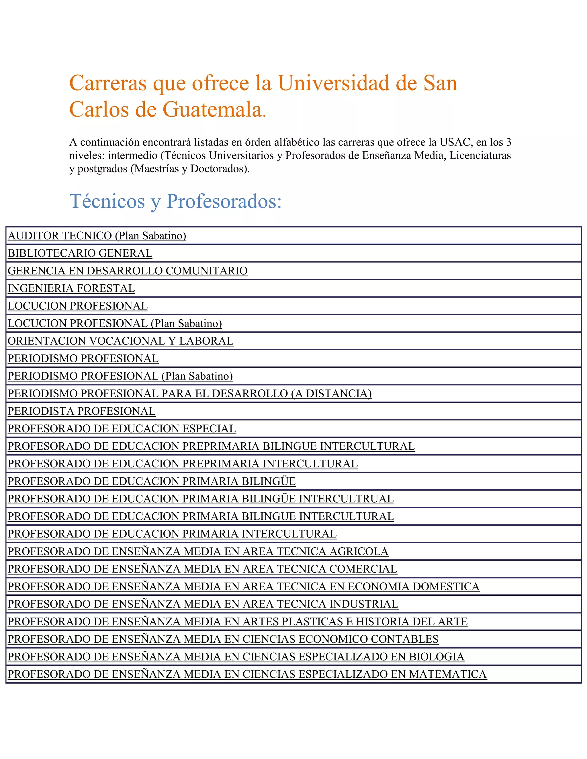 Carreras que ofrece la universidad de san carlos de guatemala | DOCX