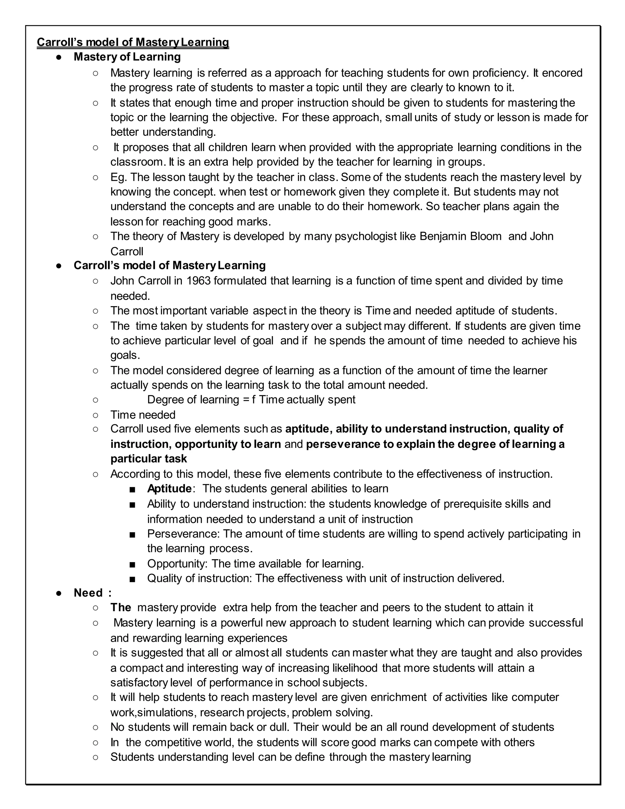 M.Ed Assignment for Subject Psychology- Carroll’s model of Mastery ...