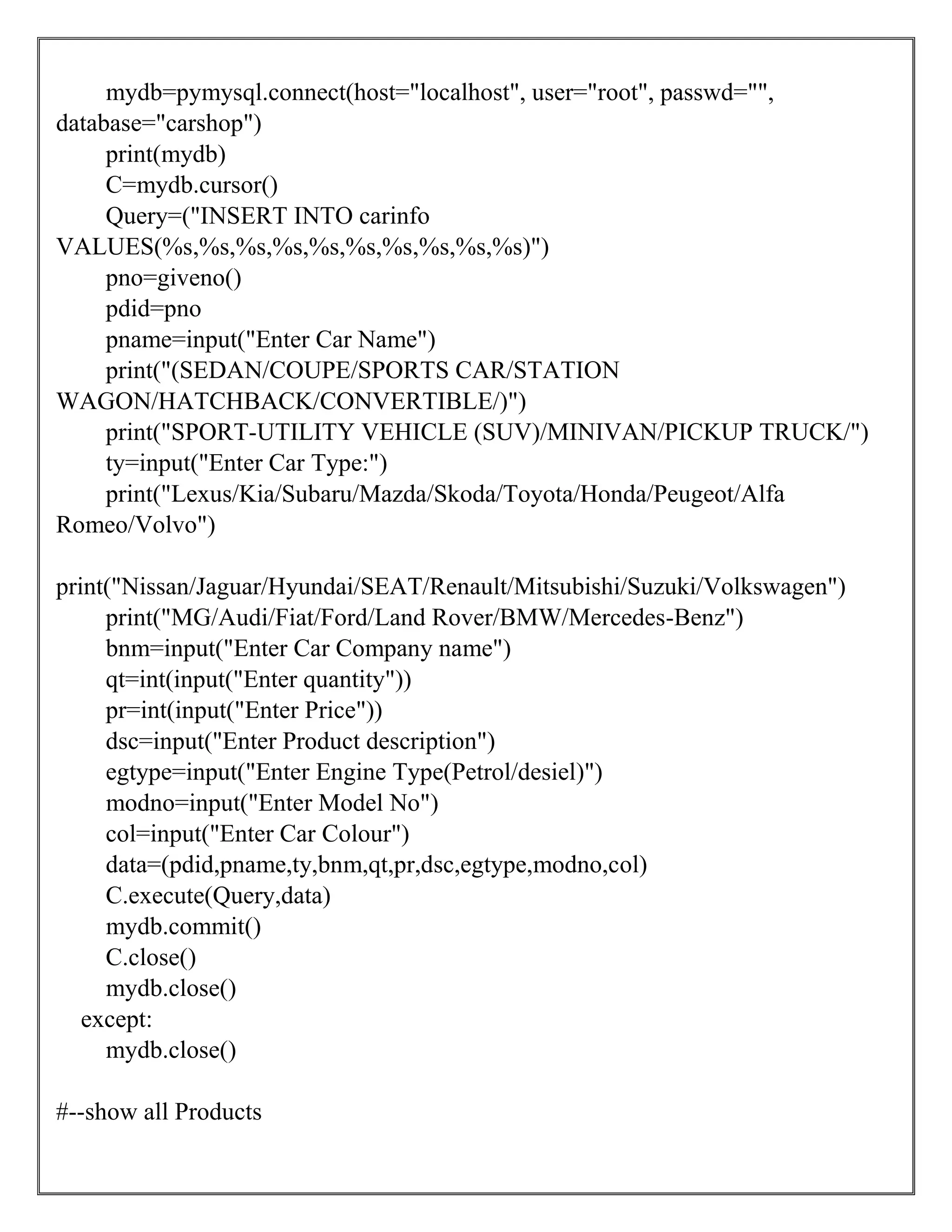 PYTHON PROJECT ON CARSHOP SYSTEM | PDF