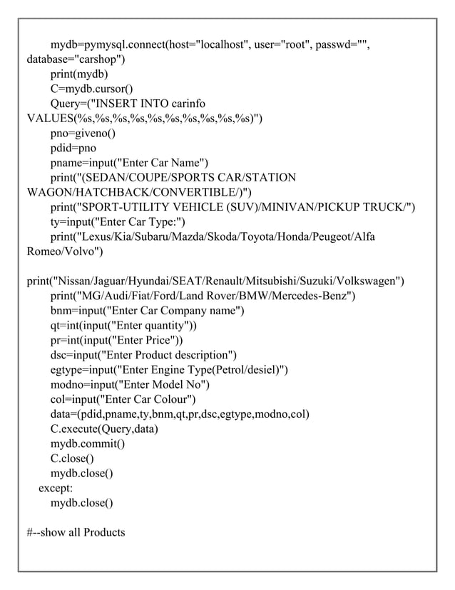PYTHON PROJECT ON CARSHOP SYSTEM | PDF | Grocery Shopping | Shopping