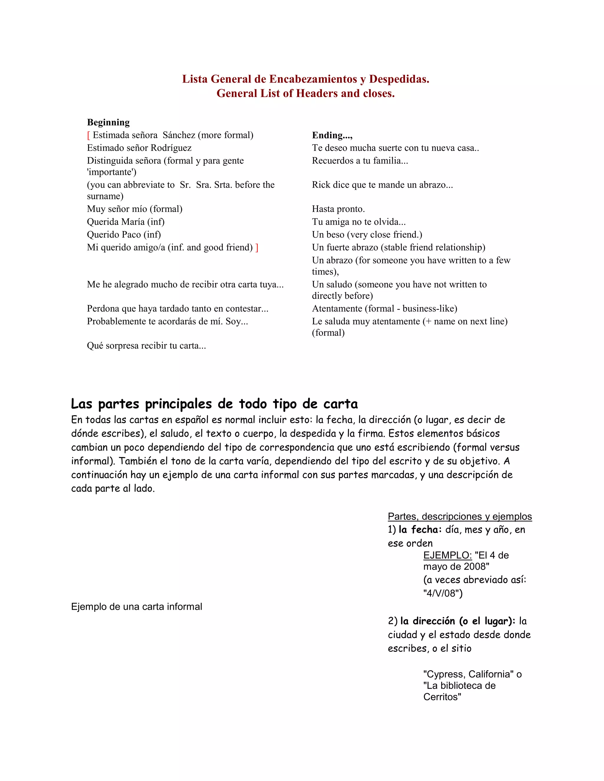 Hoja De Trabajo Sobre Las Partes De Una Carta