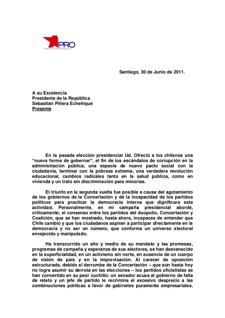 Carta abierta del presidente del PRO a Sebastián Piñera Carta abierta del presidente del PRO a Sebastián Piñera