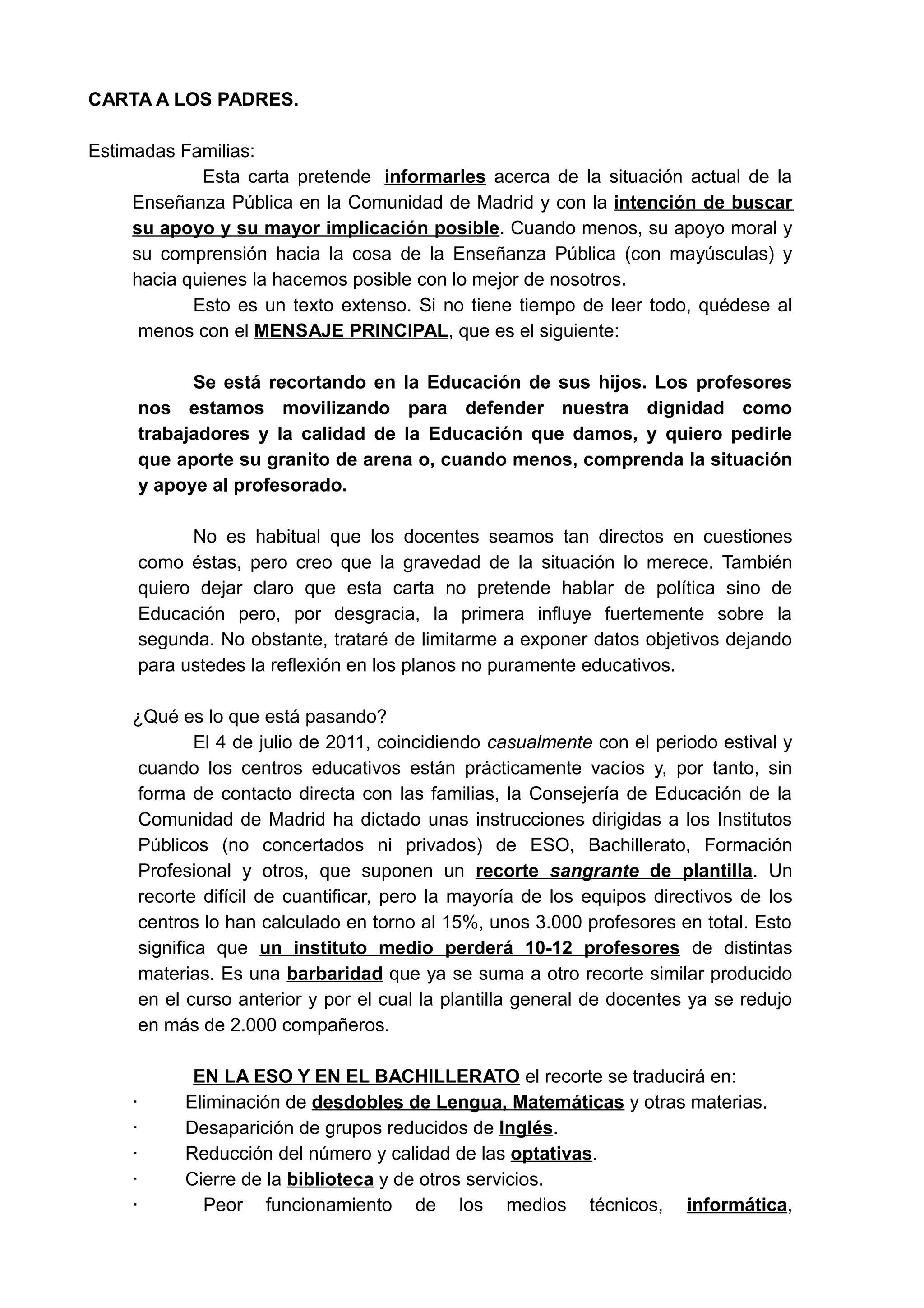 Carta a los padres | PDF | Descarga Gratuita