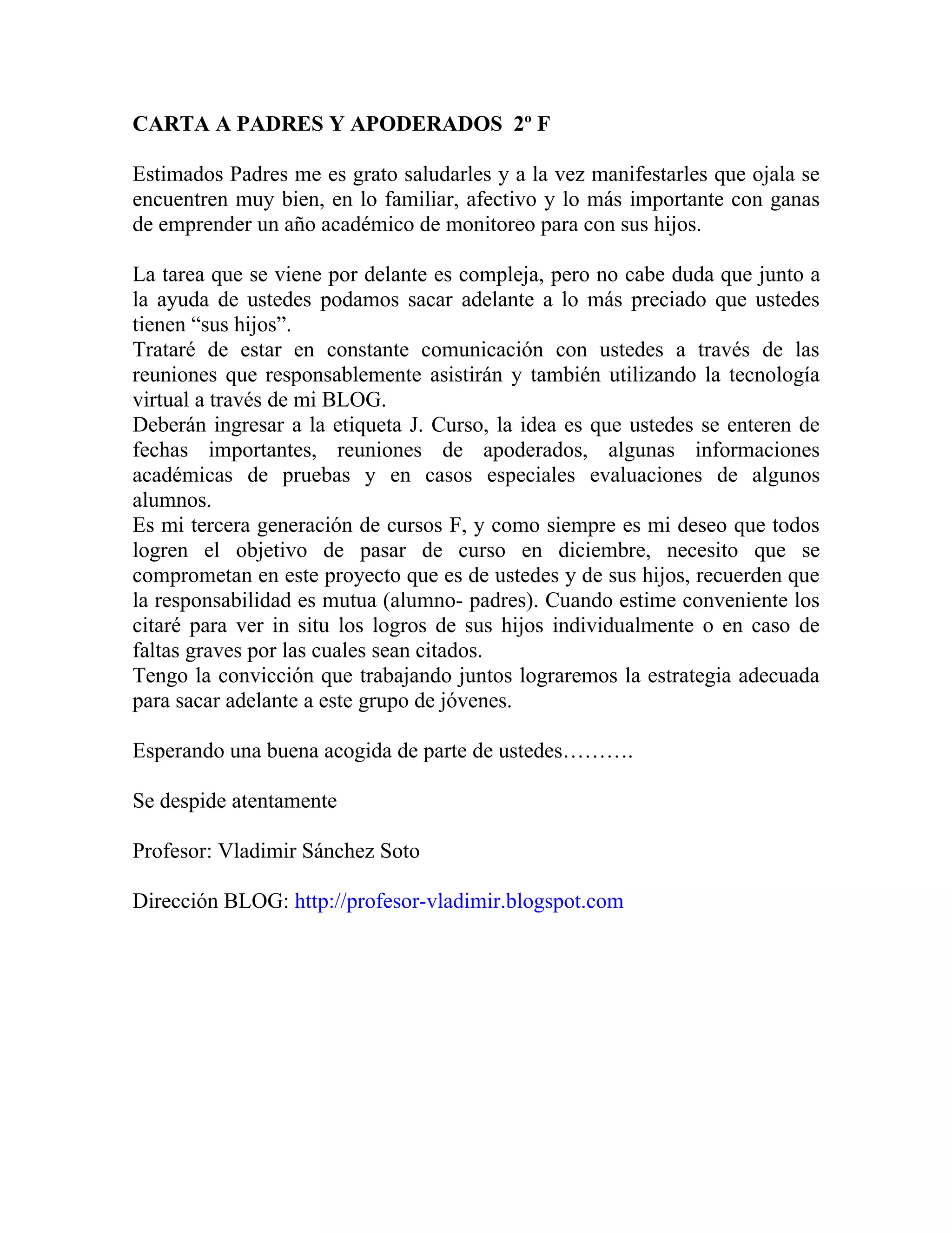 Carta a padres y apoderados 2º f | PDF