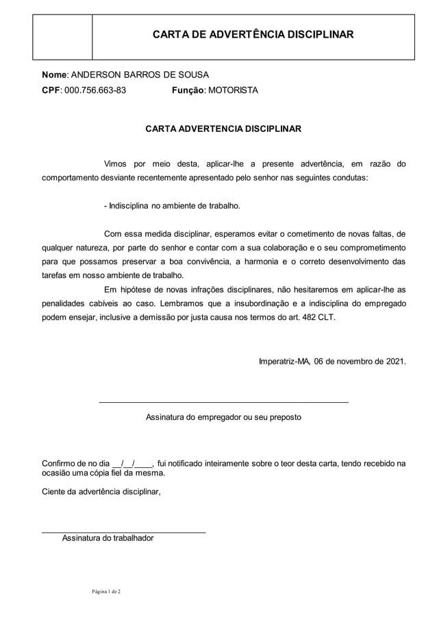 Modelo De Advertencia Disciplinar Em Word/carta De Advertencia Laboral