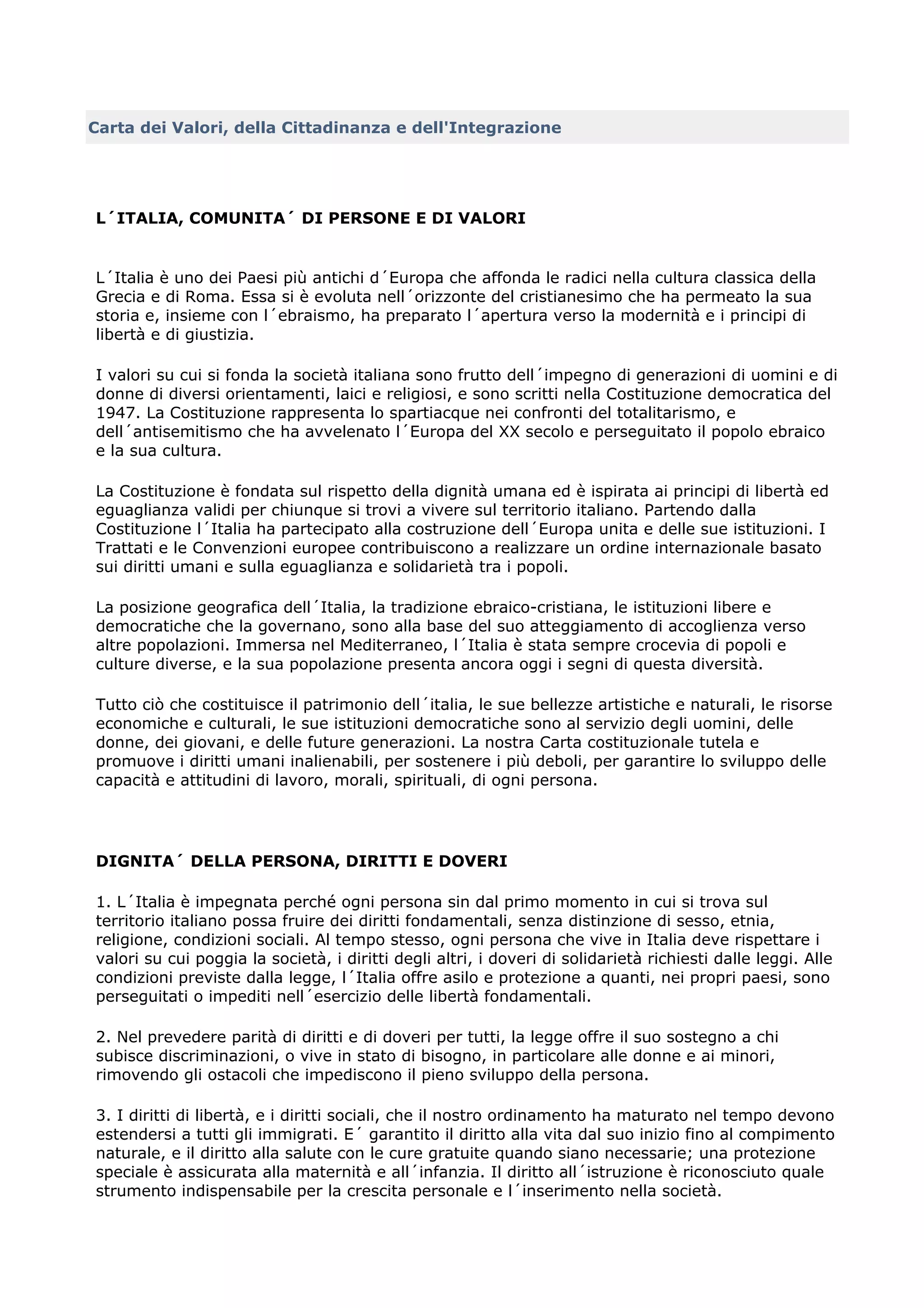 Carta dei valori della cittadinanza e dell 'integrazione | PDF