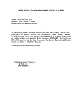 Carta de justificacion por inasistencias a clases ingles | DOCX