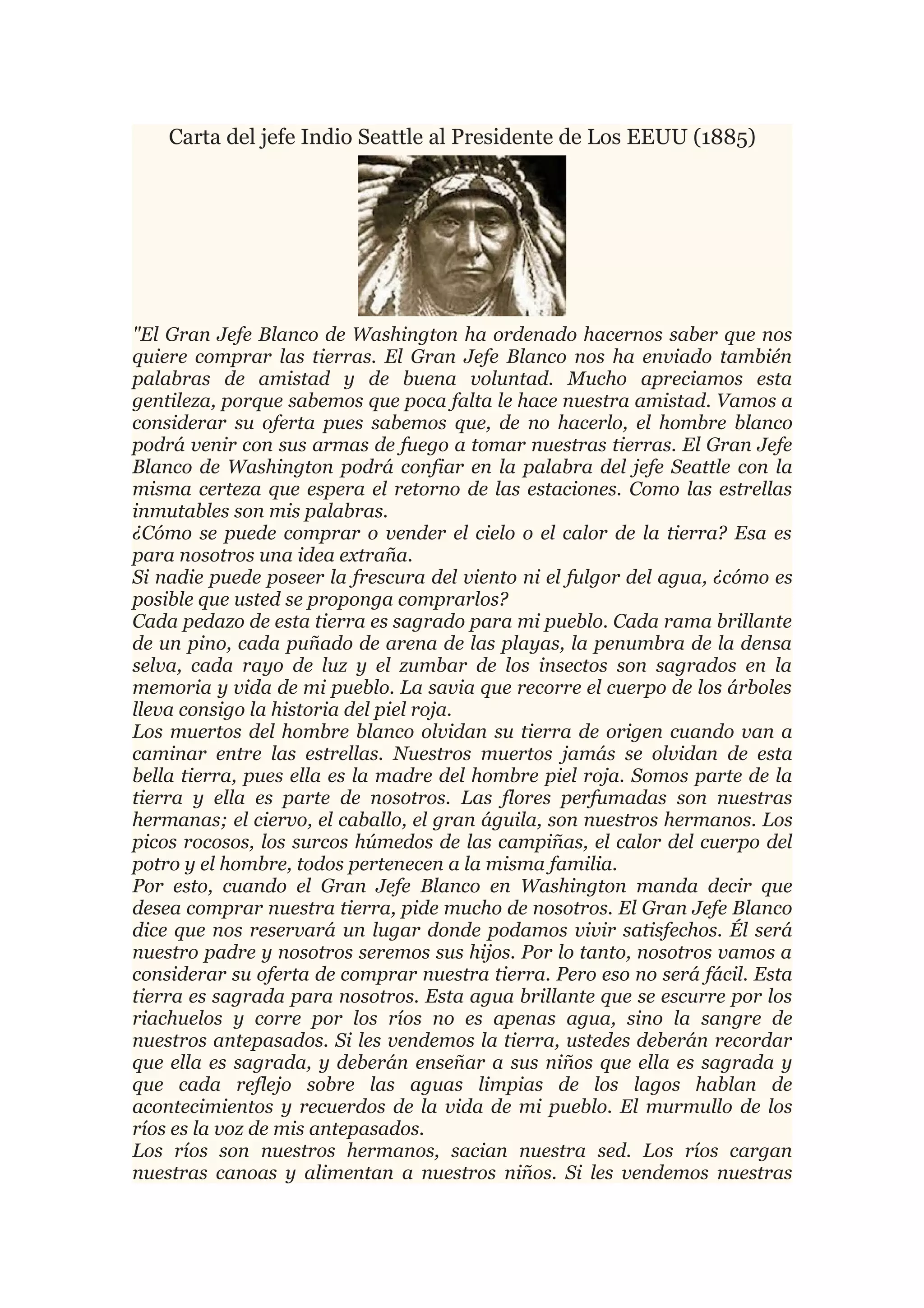Carta del jefe indio seattle al presidente de los eeuu | DOC