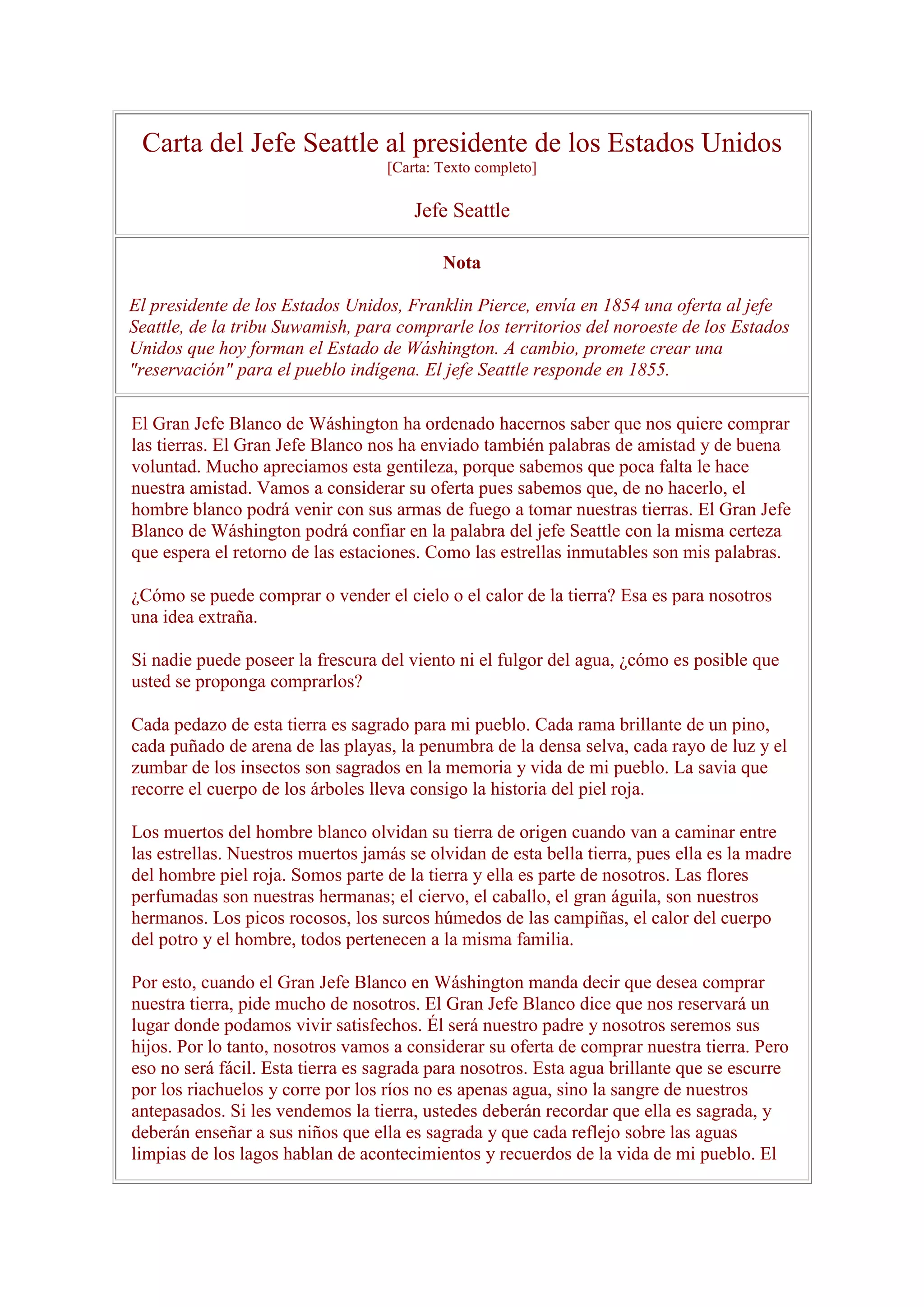 Carta del jefe seattle al presidente de los estados unidos | DOCX