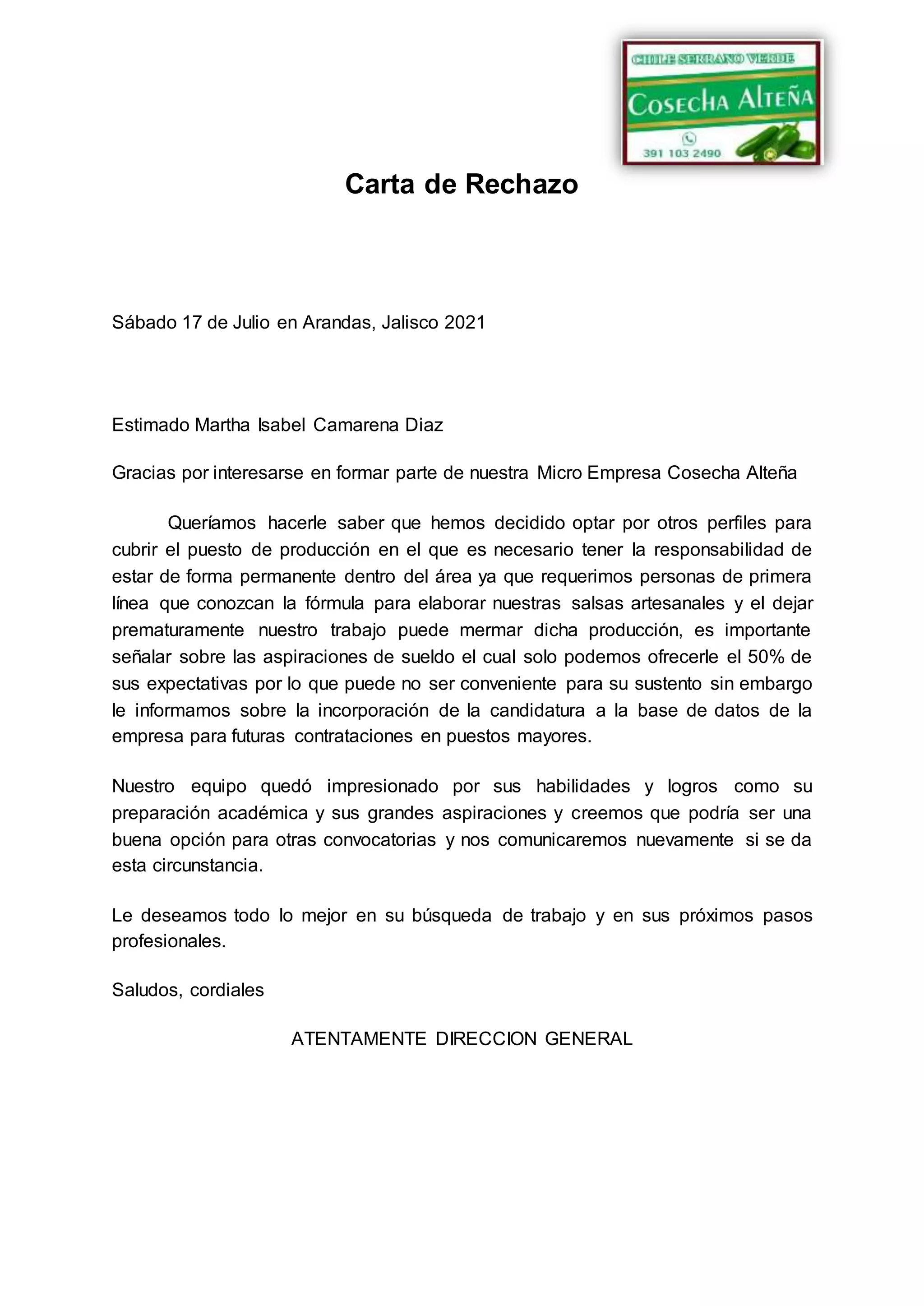 Carta de rechazo laboral | PDF