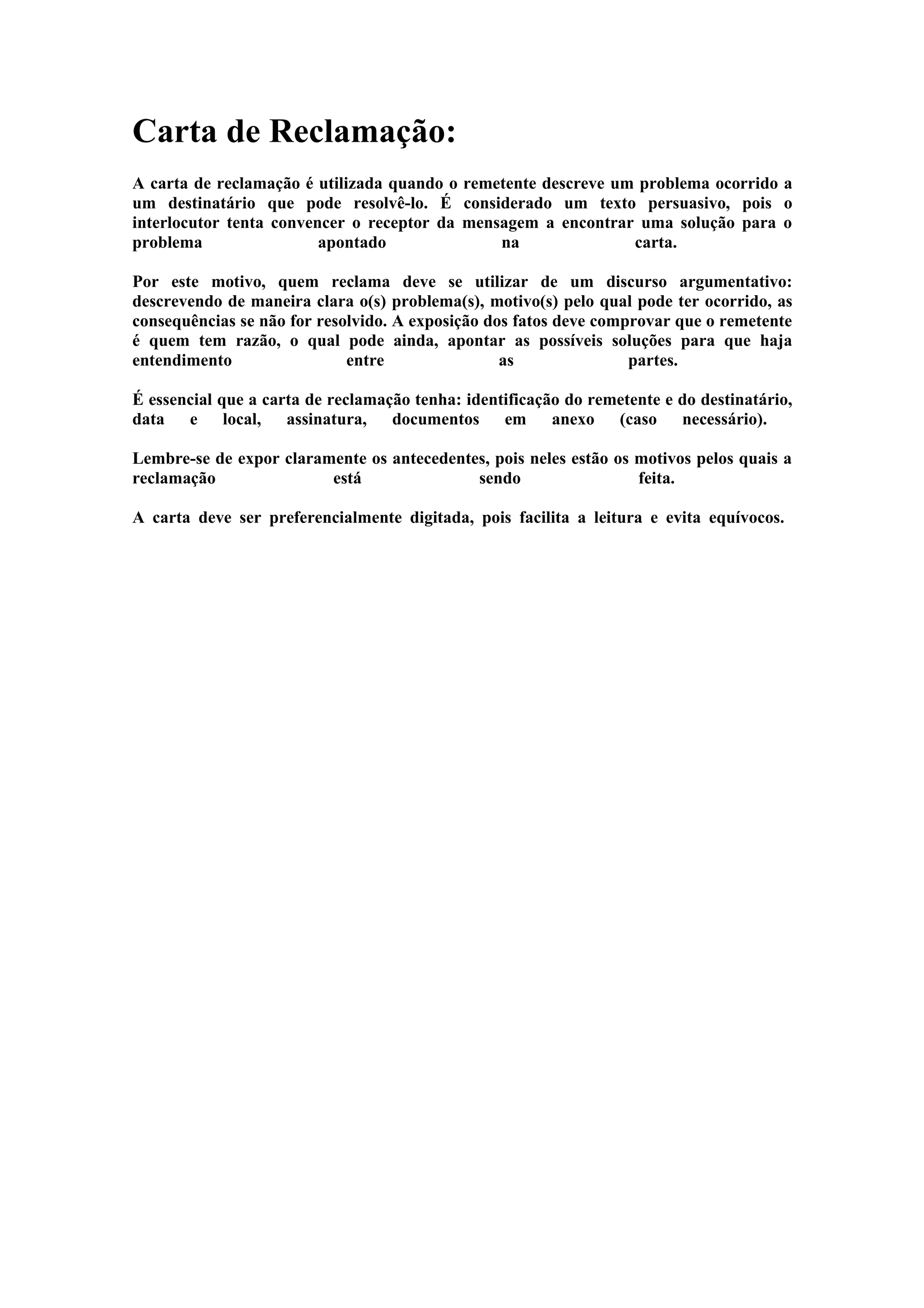 Exemplo De Uma Carta De Reclamação - BINKEDU