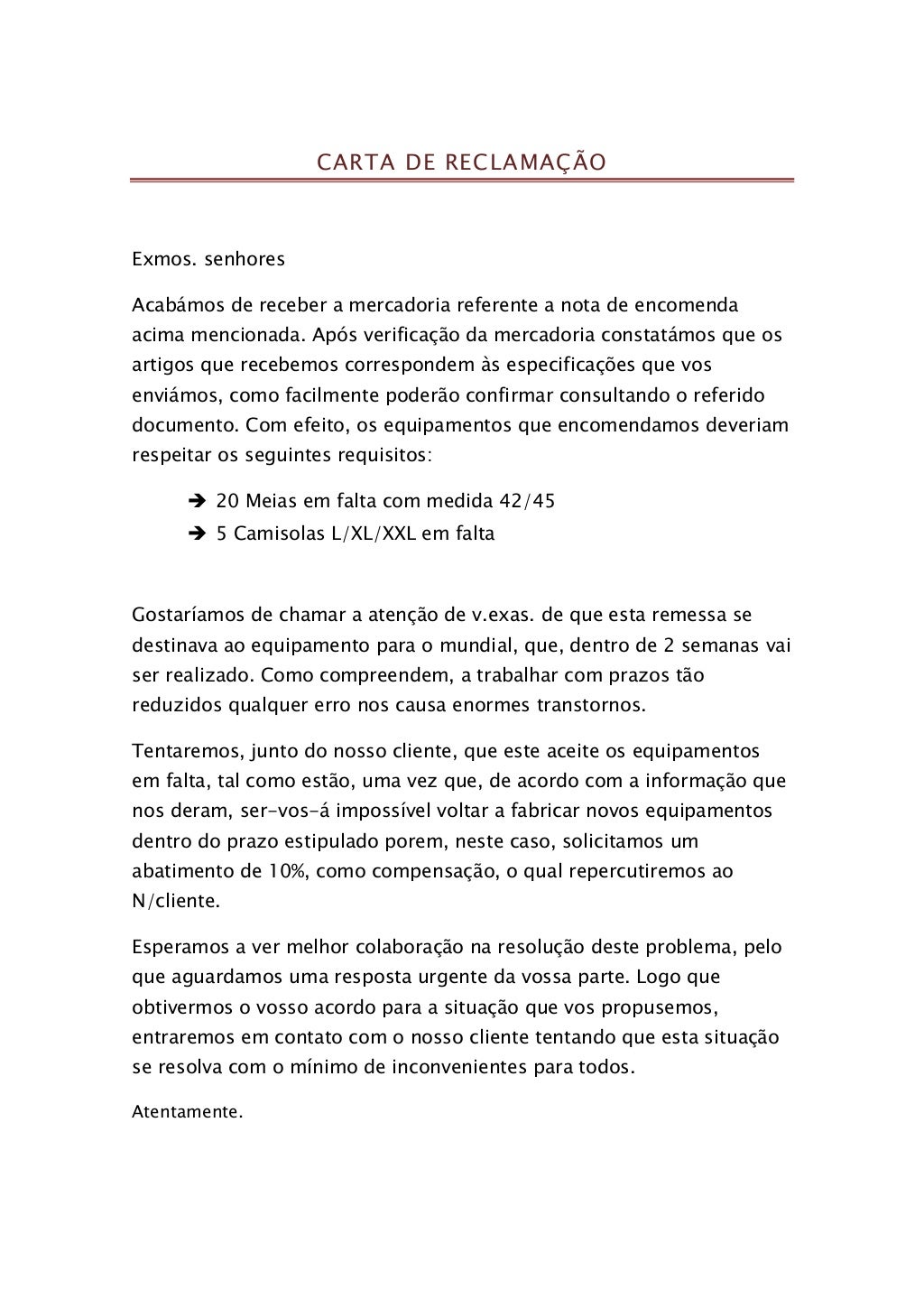 Modelo De Carta Para Reclamação - NAZAEDU