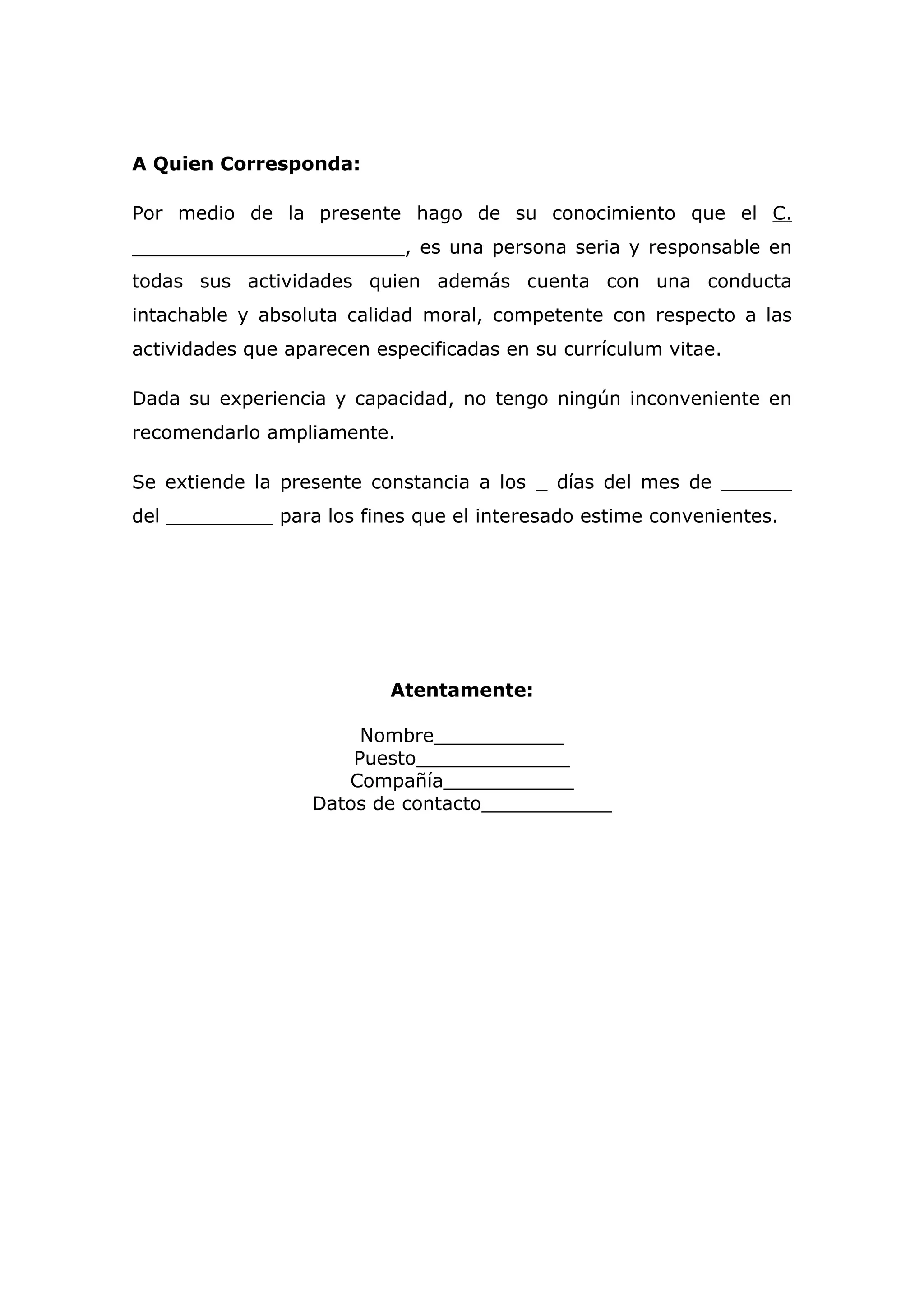 Carta de recomendación | DOCX