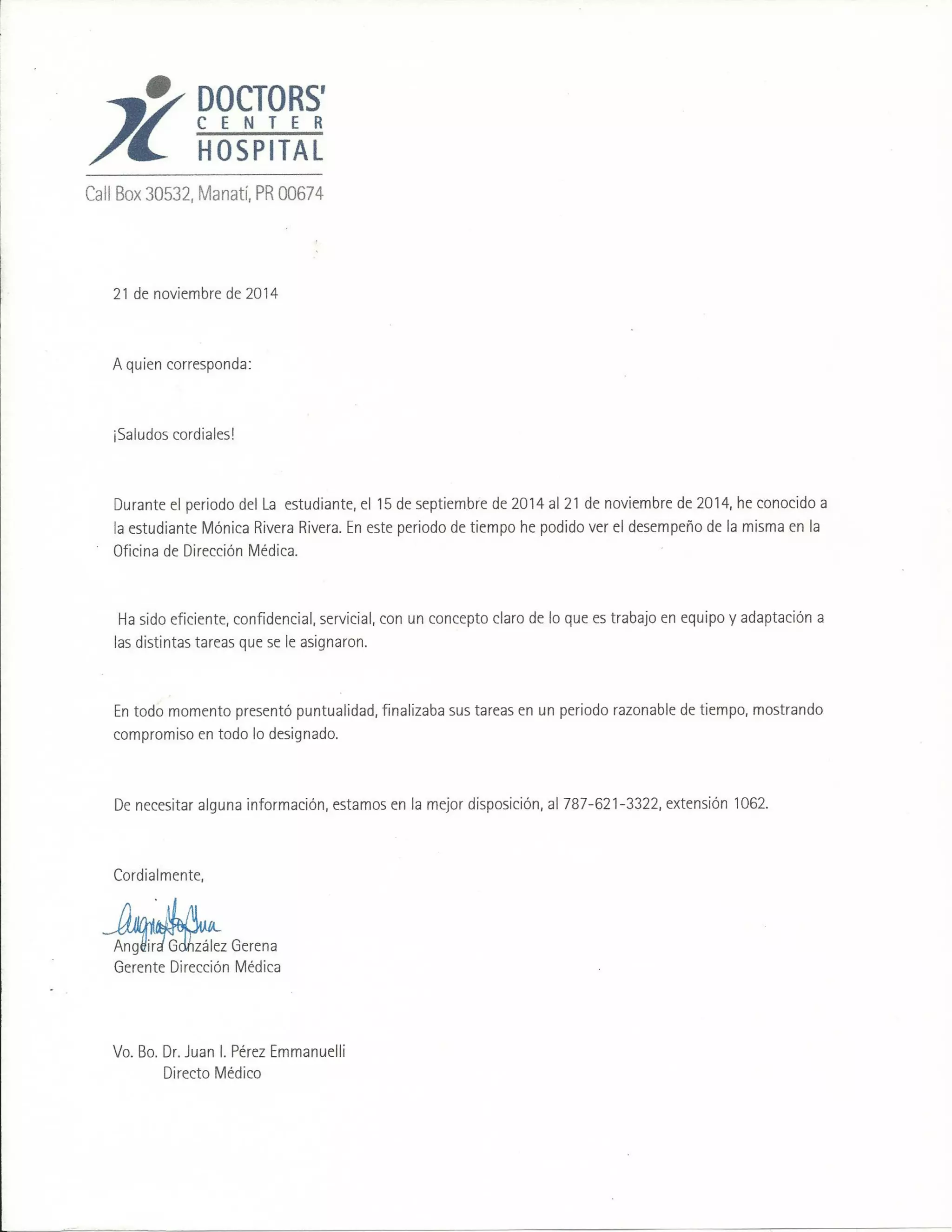 Carta de recomendación doctors' center hospital | PDF