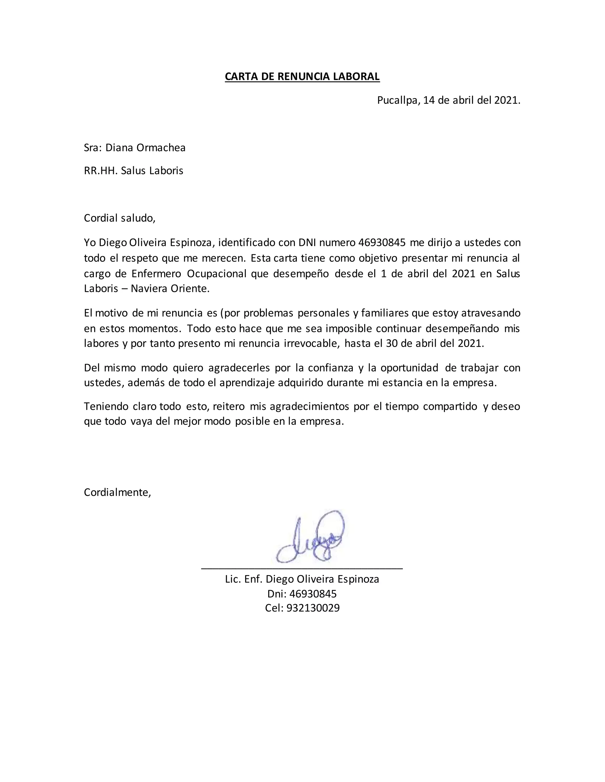 MODELO Carta de renuncia laboral | DOCX