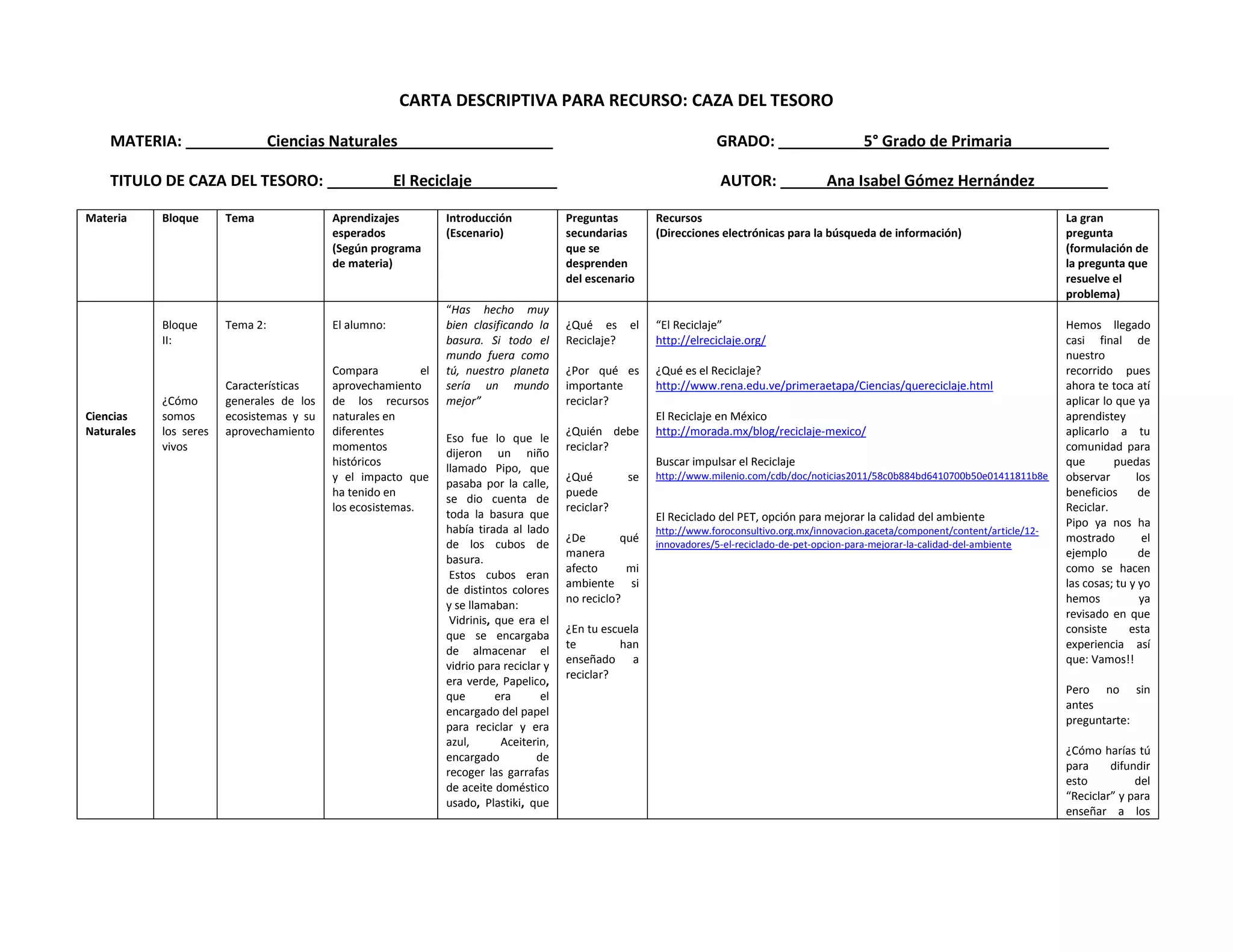 Carta descriptiva reciclaje | DOCX